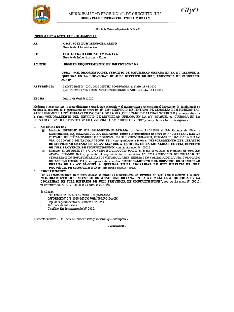 Informe #521-2020 - Remito Requerimiento de Servicios | PDF