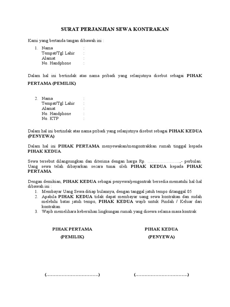 Surat Perjanjian Sewa Kontrakan | PDF