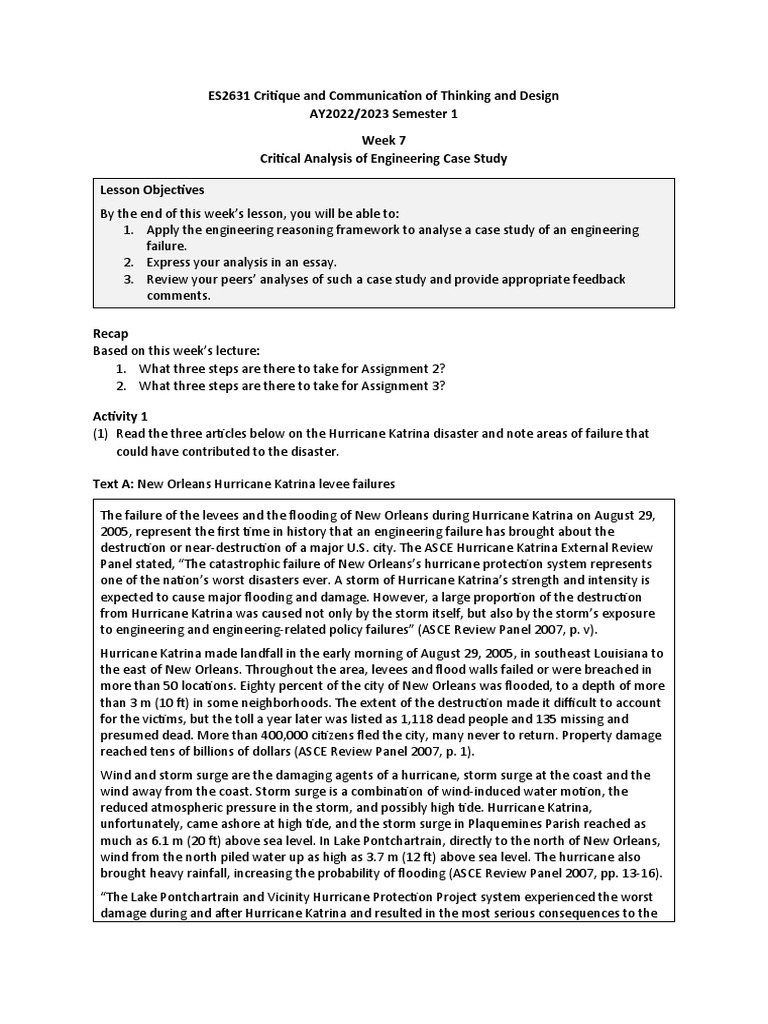 Week 7 Critical Analysis of Engineering Failure Case Study Handout ...