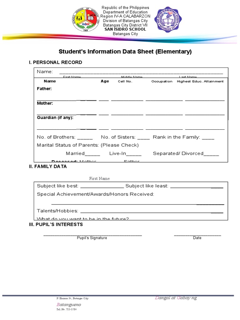 Student Information Data Sheet | PDF | Social Institutions