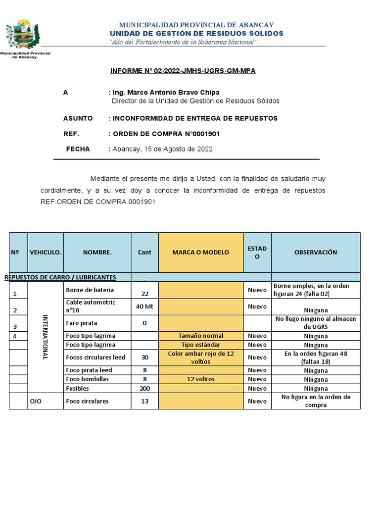 Informe de Inconformidad de Repuestos | PDF