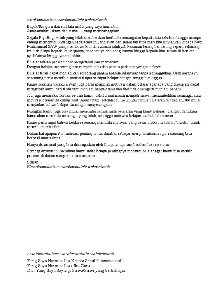 KONSEP PIDATO UPACARA BENDERA Assalamualaikum Warahmatullahi Wabarakatuh | PDF | Pengembangan Diri