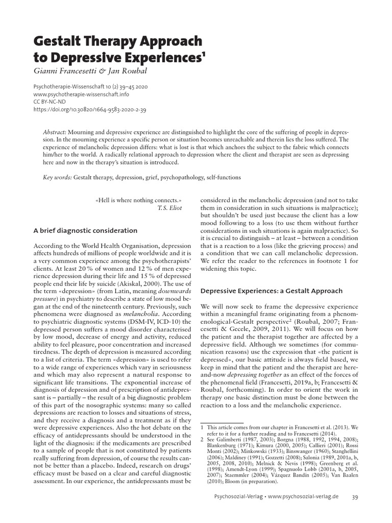 Gestalt Therapy Approach To Depressive Experiences | PDF | Psychotherapy | Major Depressive Disorder