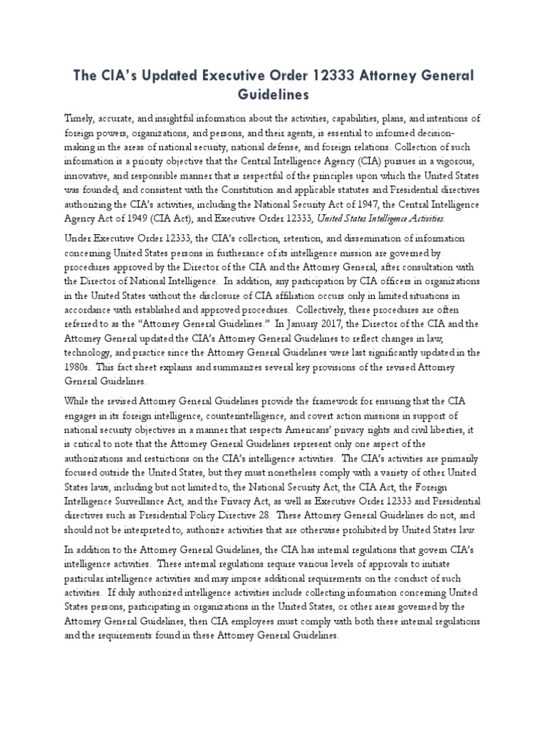 CIA's Updated Executive Order 12333 Attorney General Guidelines Summary | PDF | Central ...