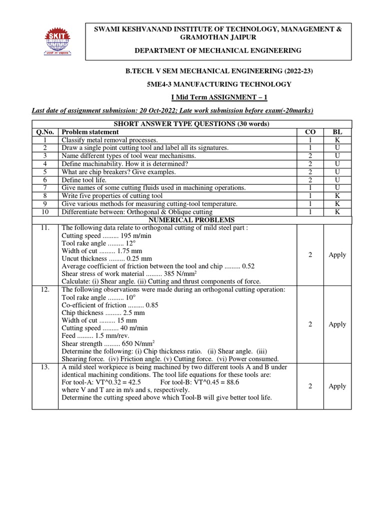 MT Assignment 1 | PDF | Machining | Applied And Interdisciplinary Physics