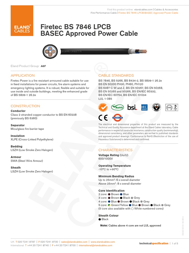 Firetec BS 7846 LPCB BASEC Cable Datasheet | PDF | Wire | Electrical ...