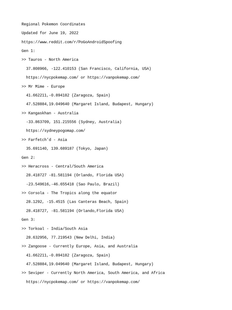 Pokemon Go Regional Coordinates Guide | PDF