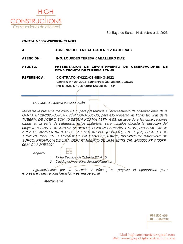 CARTA - N°057-2023 - Levantamiento de Obs | PDF