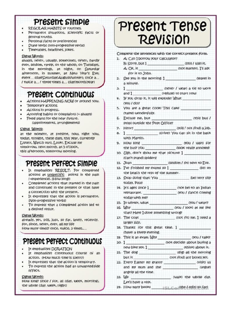 Present Tenses Worksheet | PDF | Verb | Perfect (Grammar)