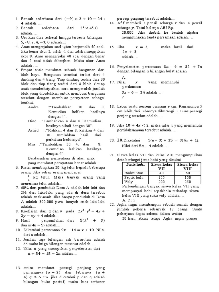 Latihan PAS MTK Kelas 7 | PDF