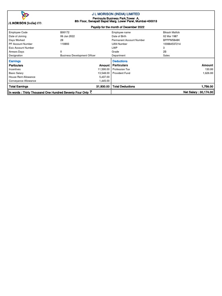 Payslip 2022 2023 12 b00172 JLMORISON | PDF