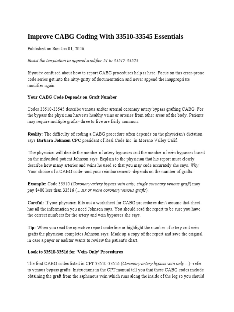 Improve CABG Coding With 33510-33545 - CPC Exam Theory | PDF | Coronary ...