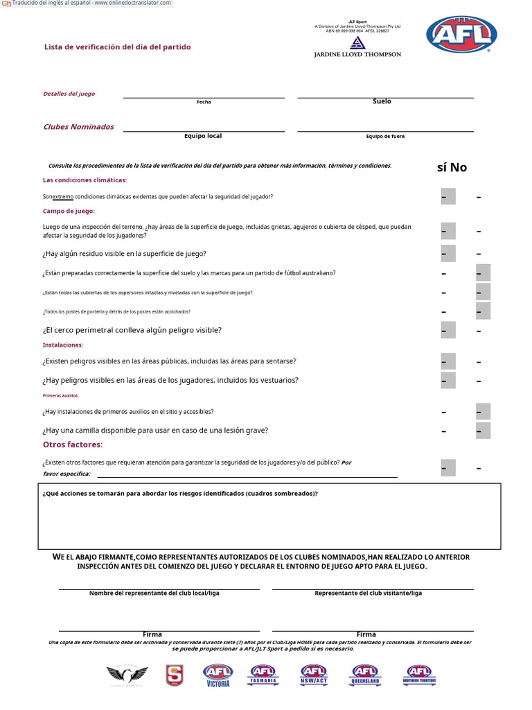 Jlt Match Day Checklist En Es Descargar Gratis Pdf Primeros Auxilios