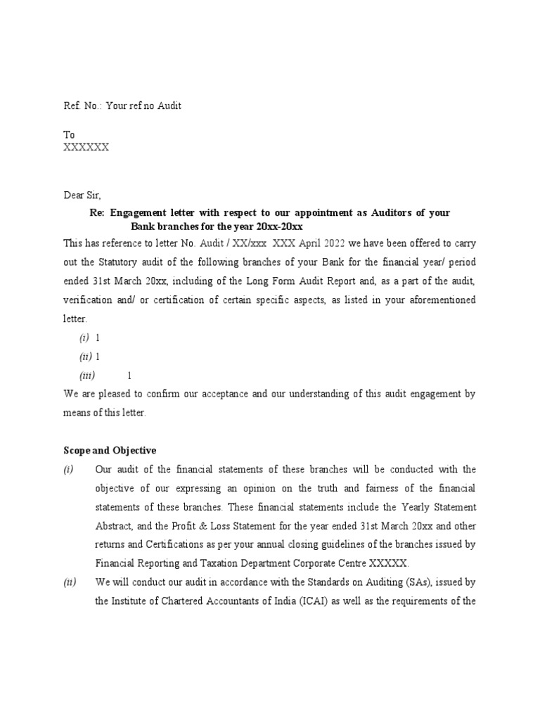 Audit Engagement Letter for Statutory Audits of Bank Branches | PDF ...