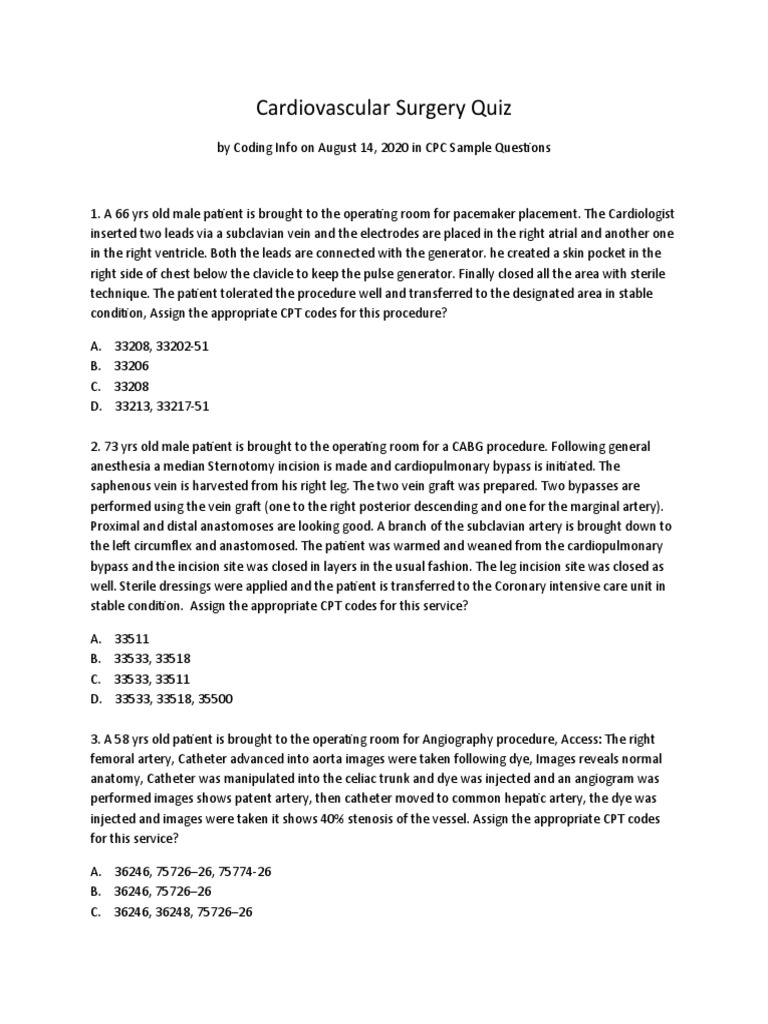 Cardiovascular Surgery CPT Coding Quiz | PDF | Coronary Artery Bypass ...