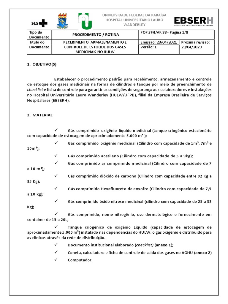 Pop - Sfh.af 33 Recebimento Armazenamento e Controle de Estoque Dos ...