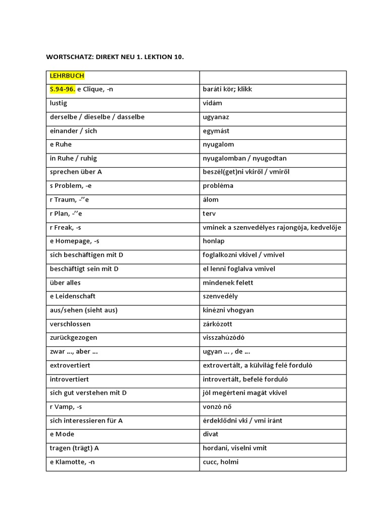 Wörter Lektion 10 | PDF