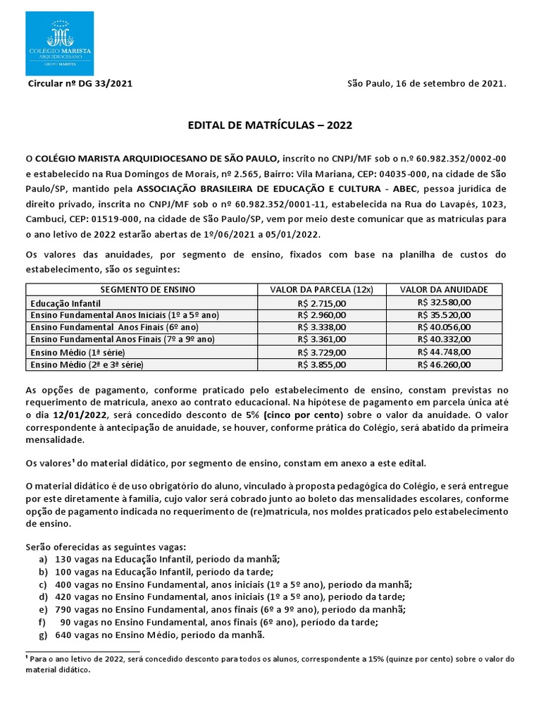 Edital de Matriculas e Anexo 2022 | PDF | Pedagogia | Escolas