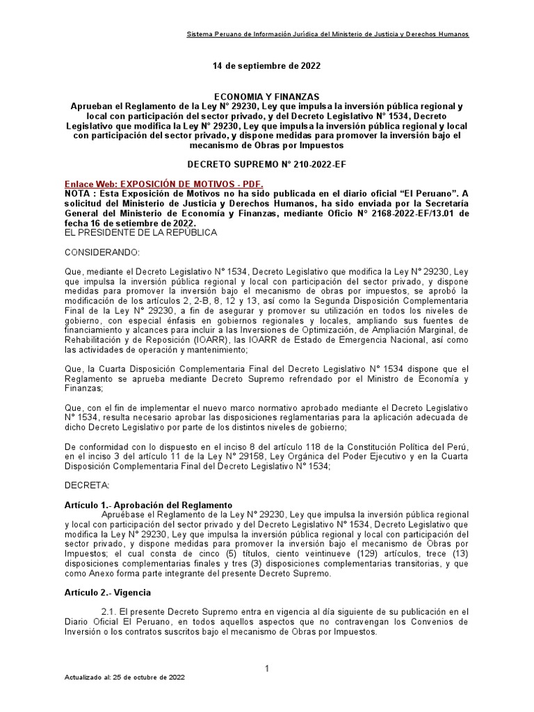 Decreto Supremo #210-2022-Ef | PDF | Regulación | Perú
