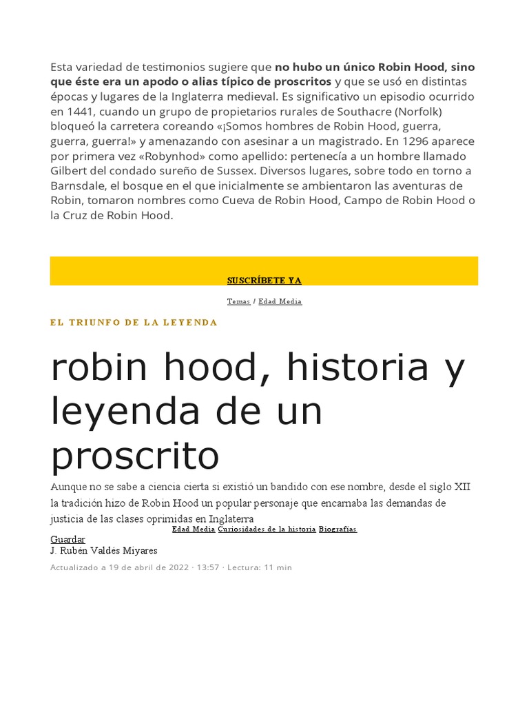 Robin Hood, Historia y Leyenda de Un Proscrito | PDF | Robin Hood