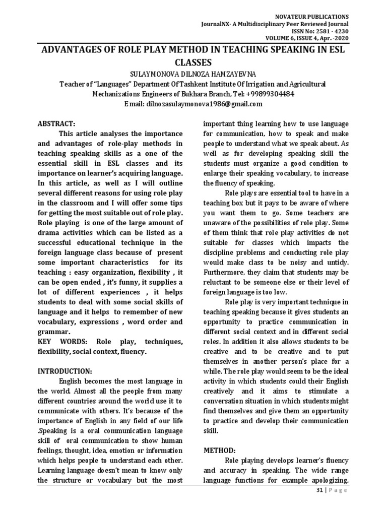 Advantages of Role Play Method in Teaching Speaking in ESL Classes ...