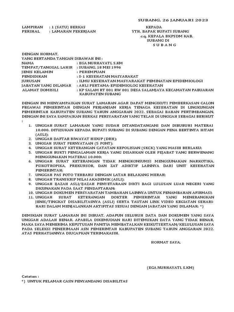 Lamaran Dan Pernyataan Pemberkasan p3k EGA | PDF