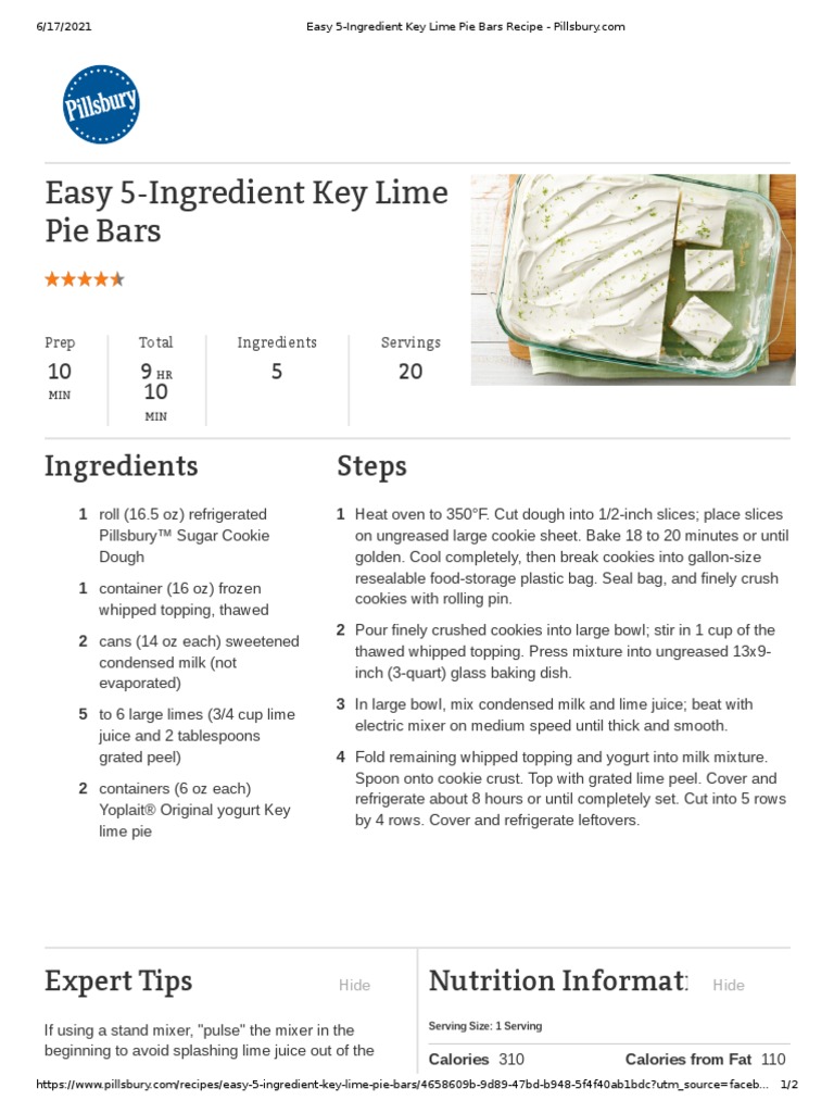 Easy 5 Ingredient Key Lime Pie Bars Recipe Pdf Fat Milk