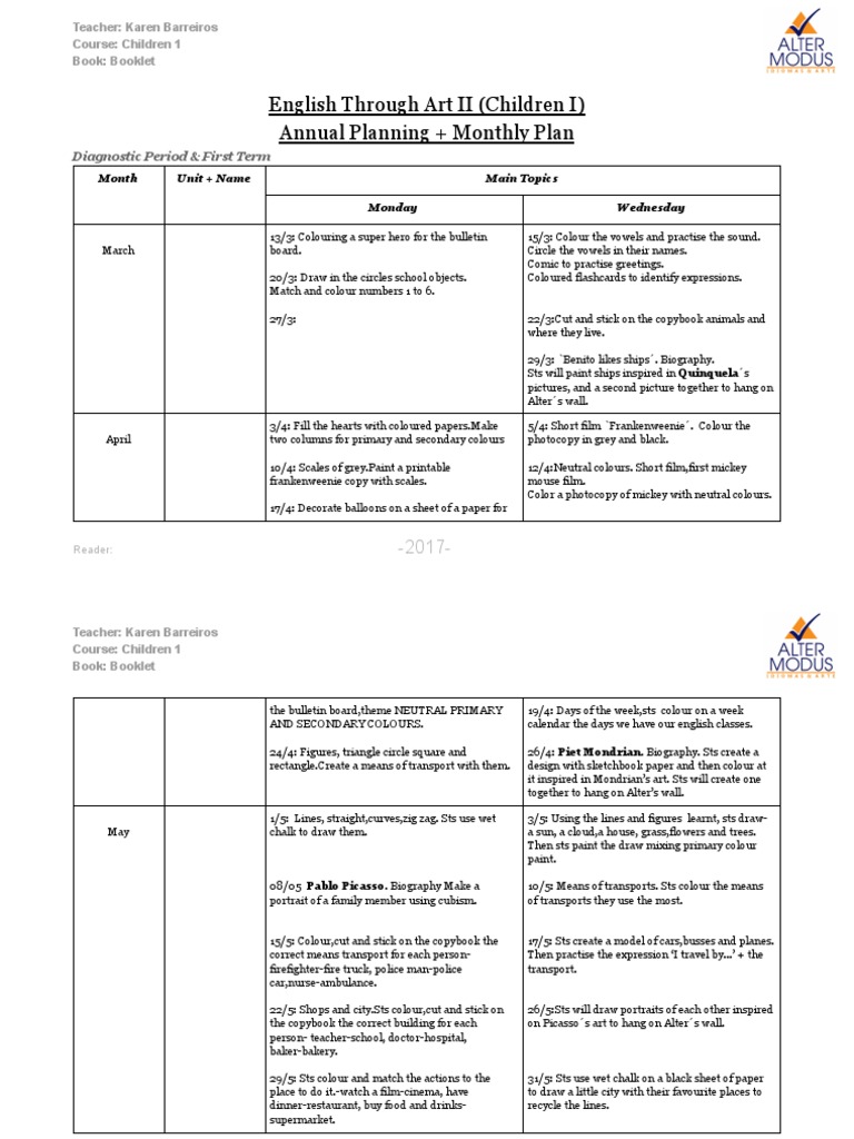 English Through Art 2 Annual Planning (Children I) | PDF