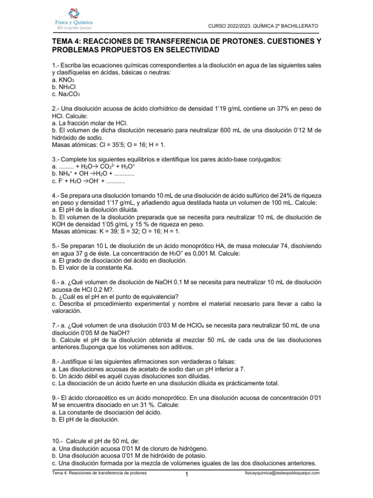 Tema 4 Cuestiones y Problemas | PDF | Ácido | Ph