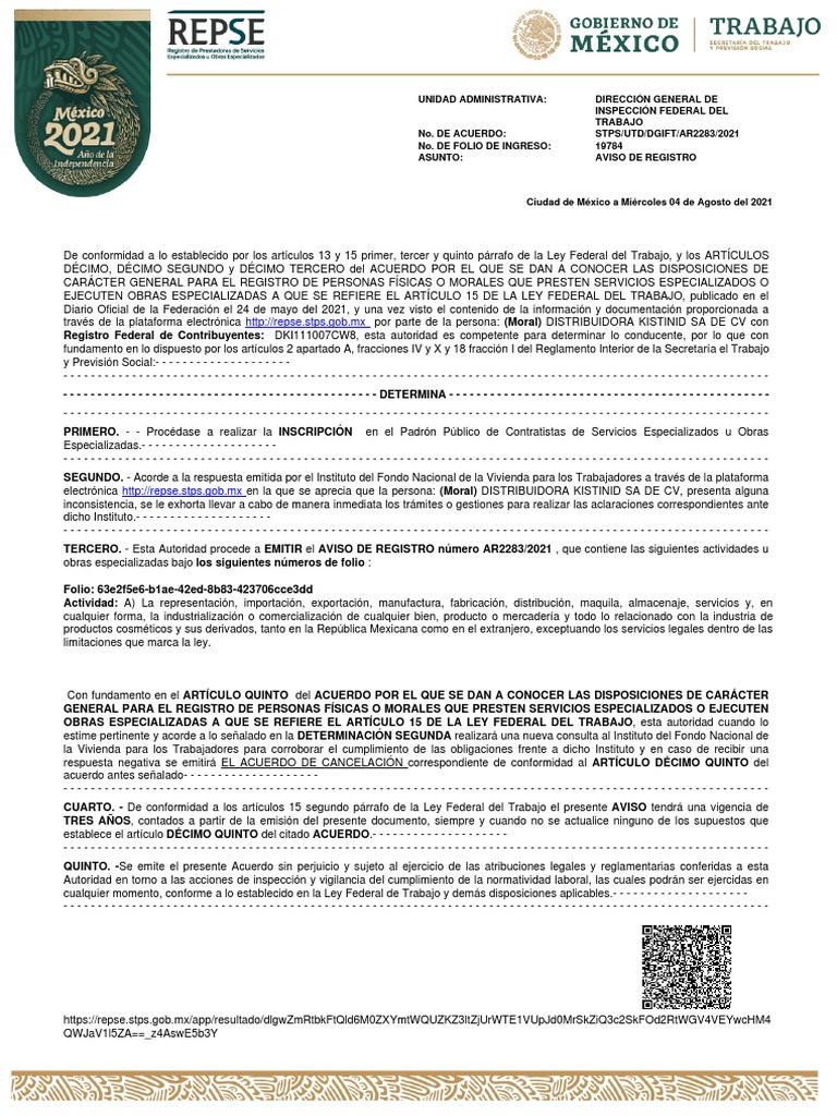 Aviso de Registro REPSE 2021 | PDF | Gobierno | Justicia