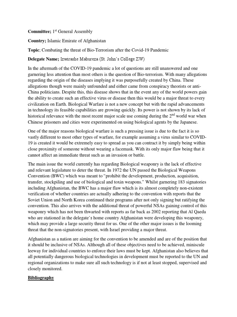 AMUN 2022 - Delegation of Afghanistan - GA1 - Position Paper 2 | PDF ...