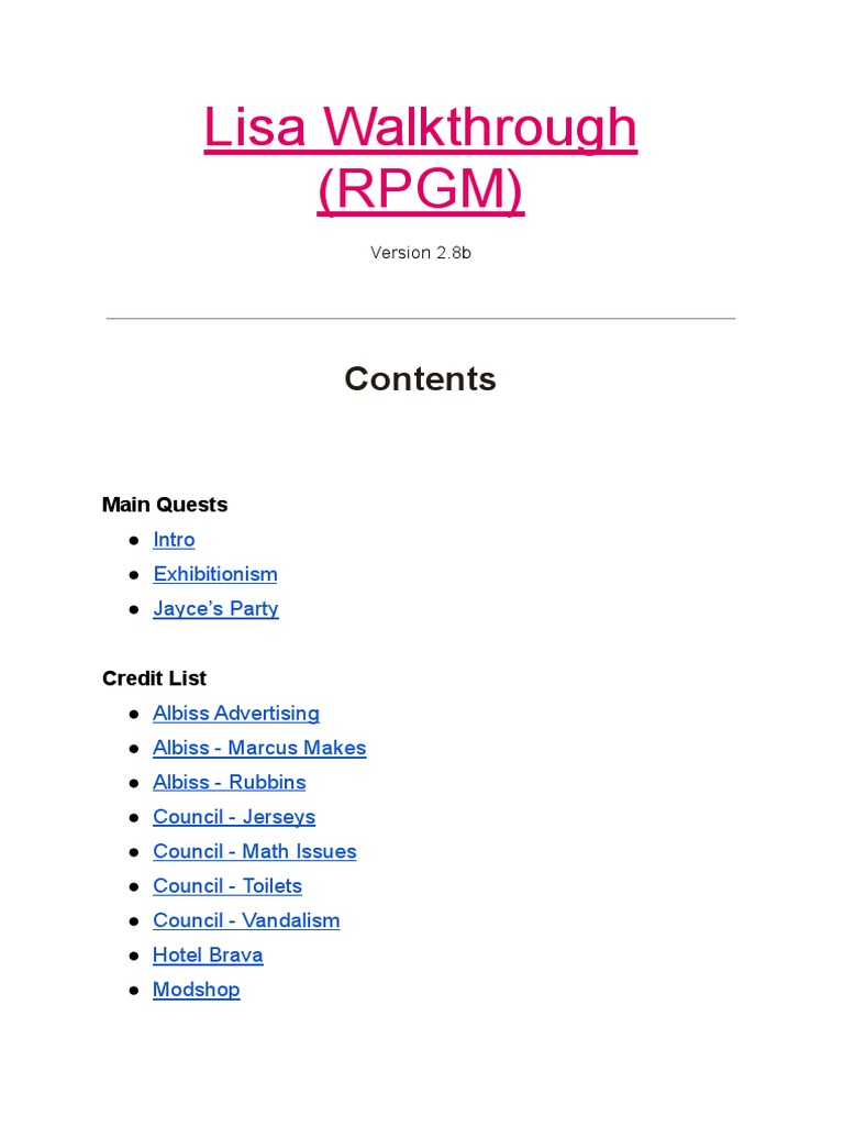 Lisa Walkthrough Guide - Complete Quests, Jobs & Hidden Scenes | PDF