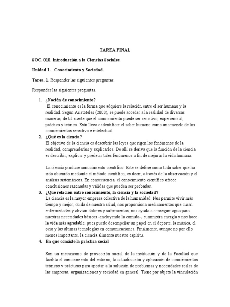 Tarea Final Soc 010-2 | PDF | Sociología | Conocimiento