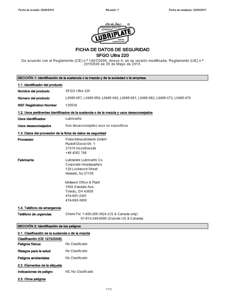 Ficha de Seguridad SFGO Ultra 220 | PDF | Residuos | Reciclaje