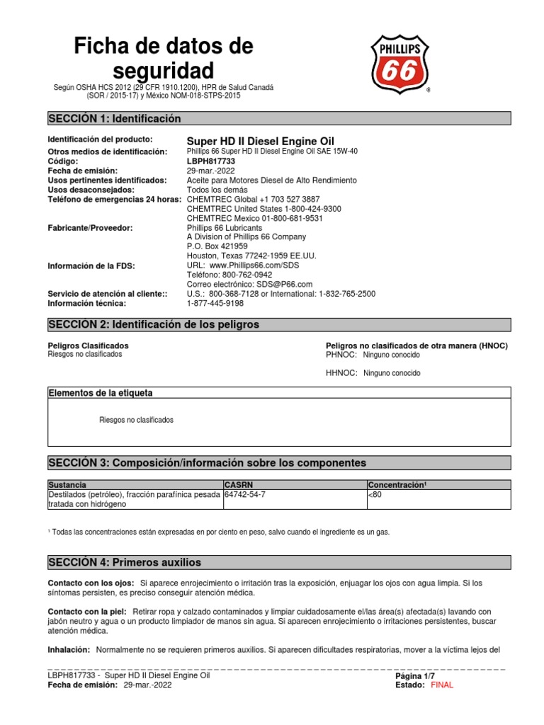 Aceite 15w40 Phillips 66 | PDF | Agua | Administración de Seguridad y Salud Ocupacional