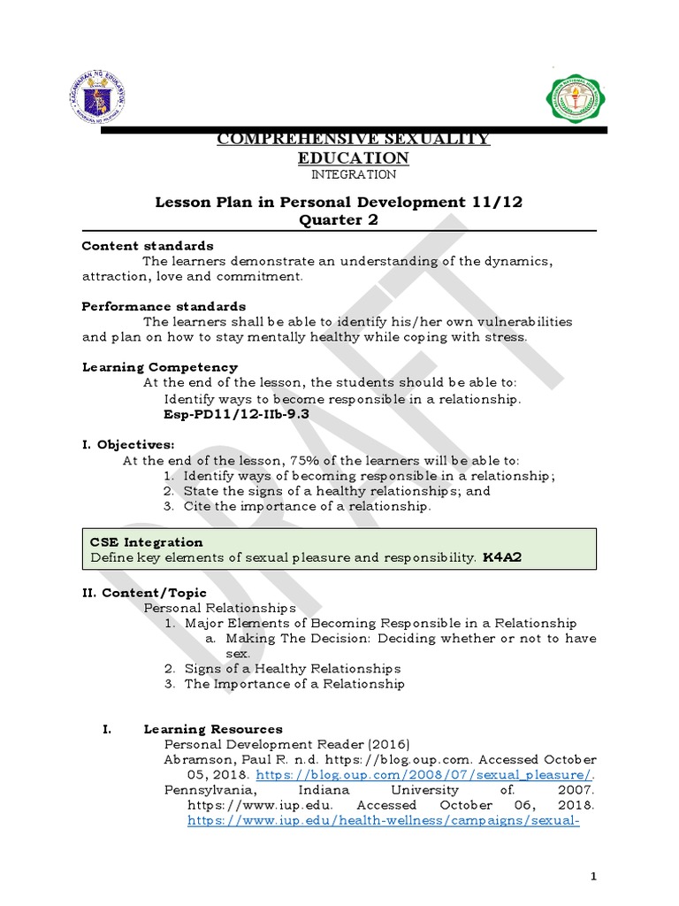 Lesson Plan in Personal Development 12 | PDF | Pleasure | Safe Sex