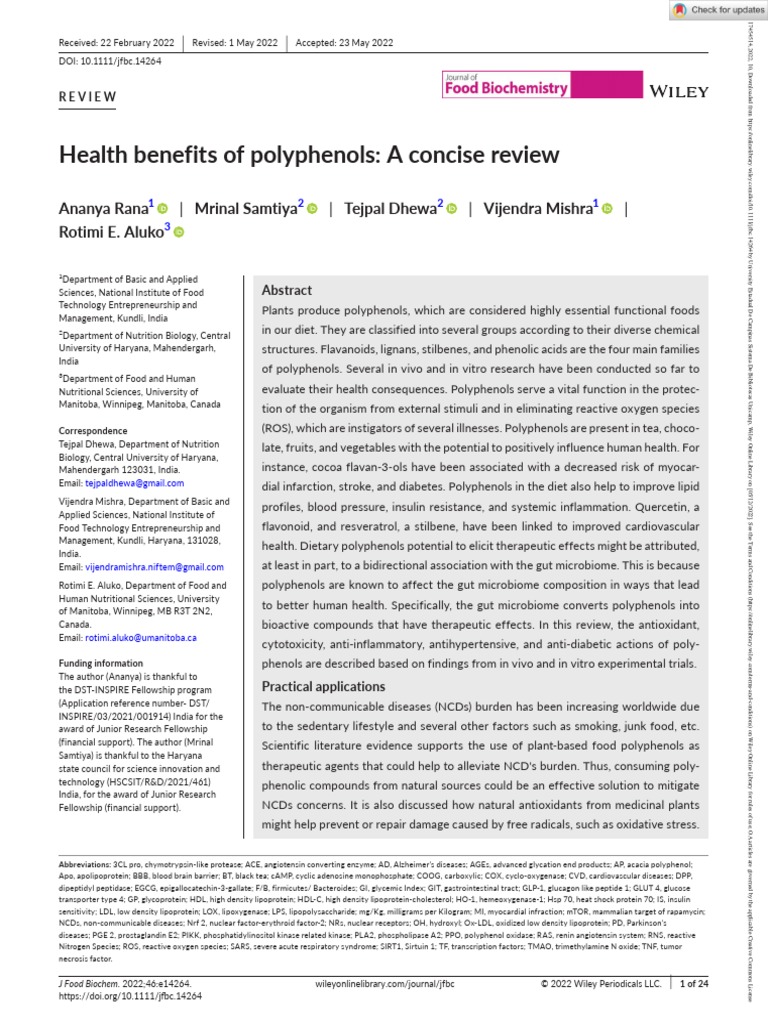 Journal of Food Biochemistry - 2022 - Rana - Health Benefits of Polyphenols A Concise Review ...