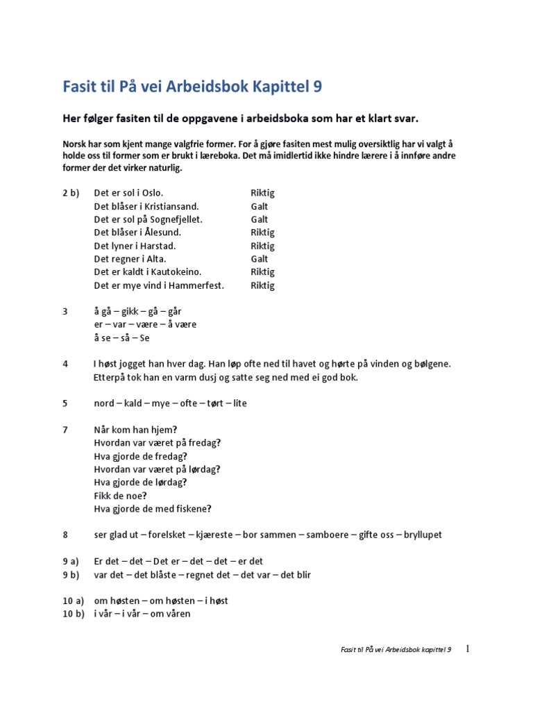 Fasit Til P Vei Arbeidsbok Kapittel 9 | PDF