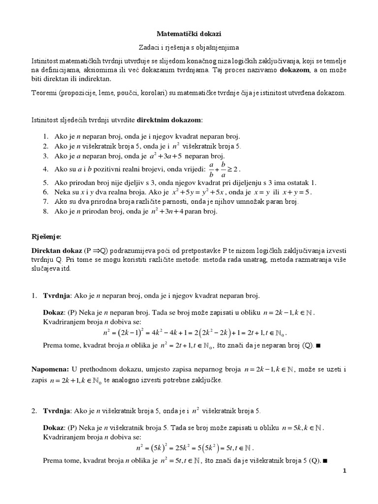 Matematicki Dokazi Zadaci I Rjesenja | PDF