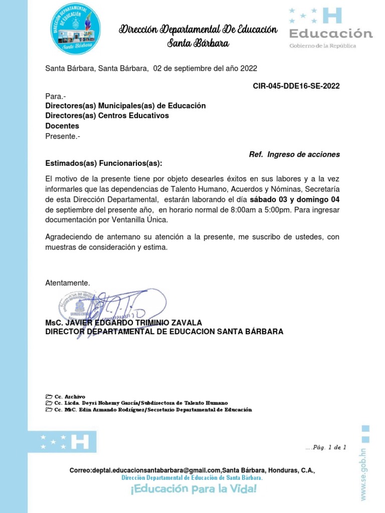 Oficio Circular No. 0045-DDE16-SE-2022 | PDF