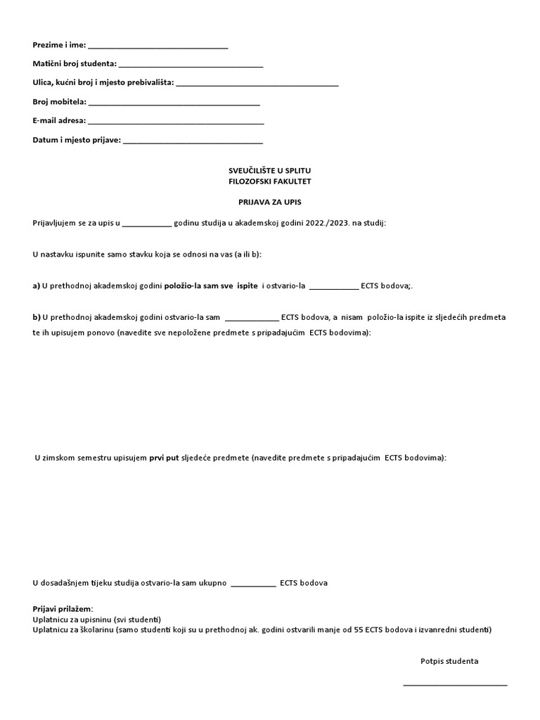 Prijava Za Upis Formular - Vise Godine Studija 22.-23. | PDF