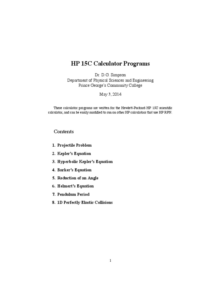 Programs hp15c | PDF | Mechanics | Physical Quantities