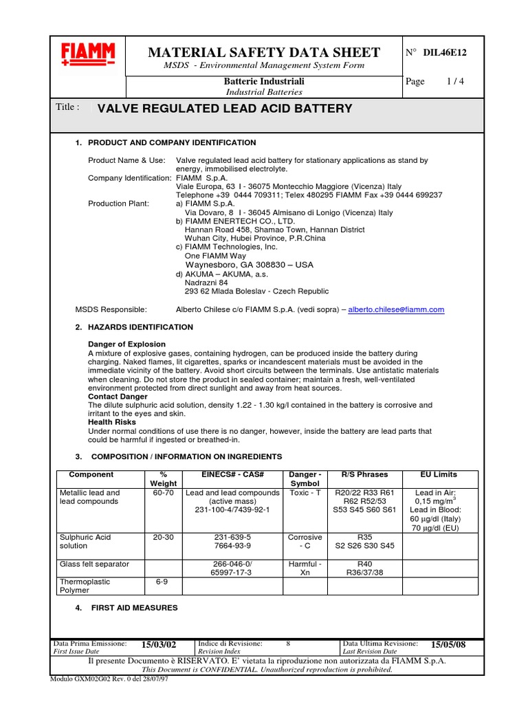 Material Data Sheet Vrla Agm Un 2800 Msds English Rev 15 05 08 | PDF ...