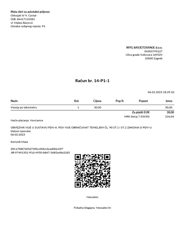 Račun Br. 14-P1-1: Mata Obrt Za Autotaksi Prijevoz | PDF