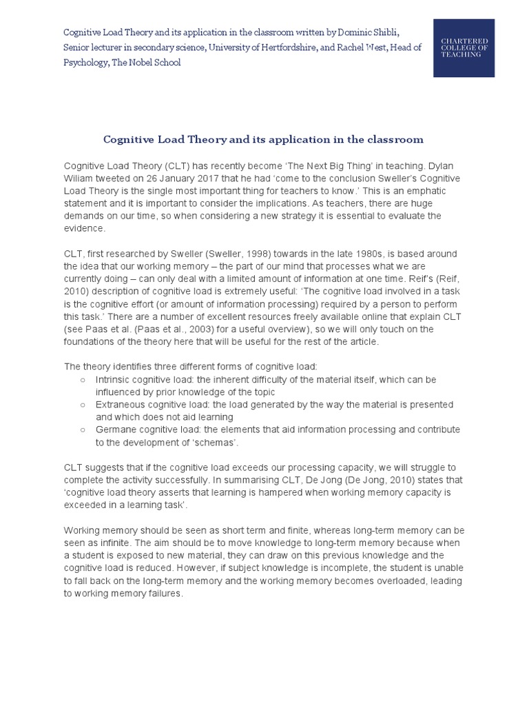 Applying Cognitive Load Theory in Classrooms | PDF | Cognition | Learning