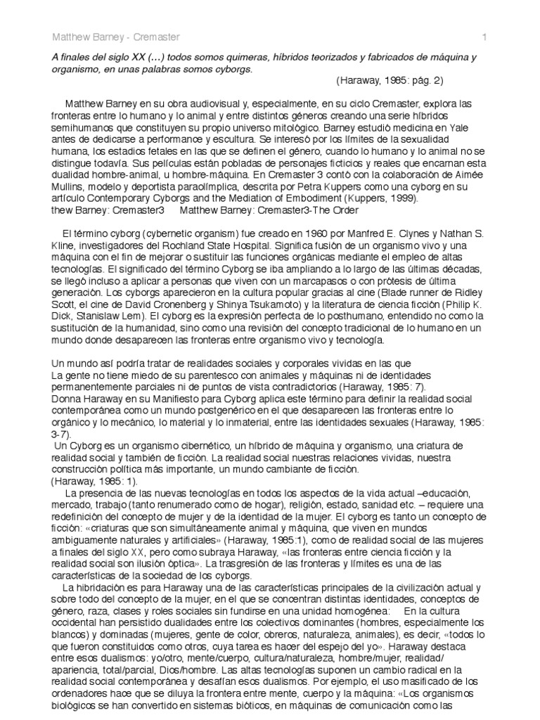 Matthew Barney y el arte del cyborg | PDF | Cyborg | Sociedad
