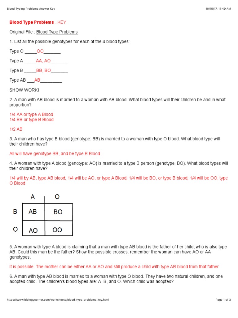 Blood Typing Problems Answer Key | PDF | Genotype | Hematology