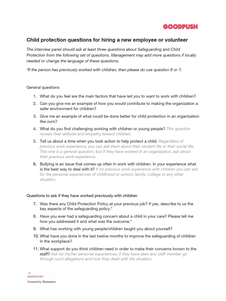 GP - Child Protection Recruitment Questions | PDF | Child Protection | Bullying