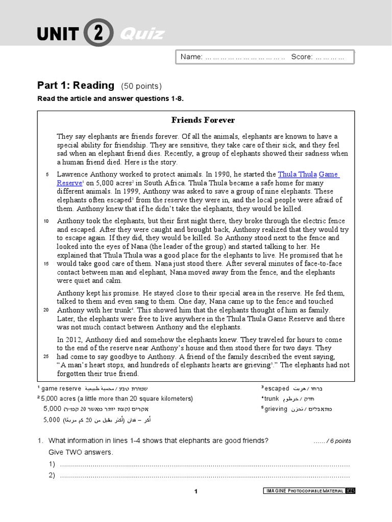 IMAGINE Test Unit 2 | PDF | Elephant
