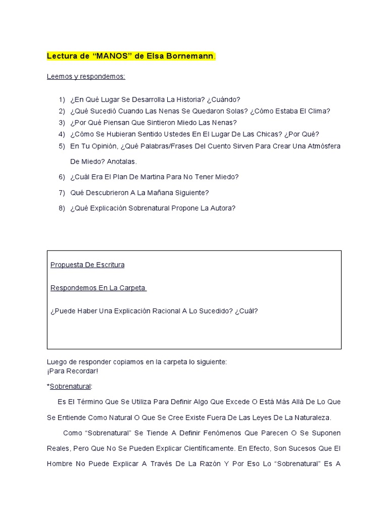Lectura de "MANOS" de Elsa Bornemann | PDF